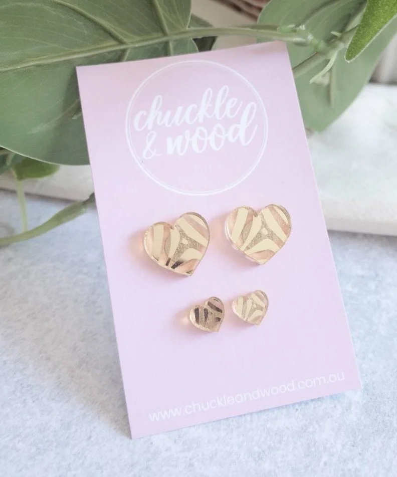Zebra Heart Studs - Chuckle & Wood